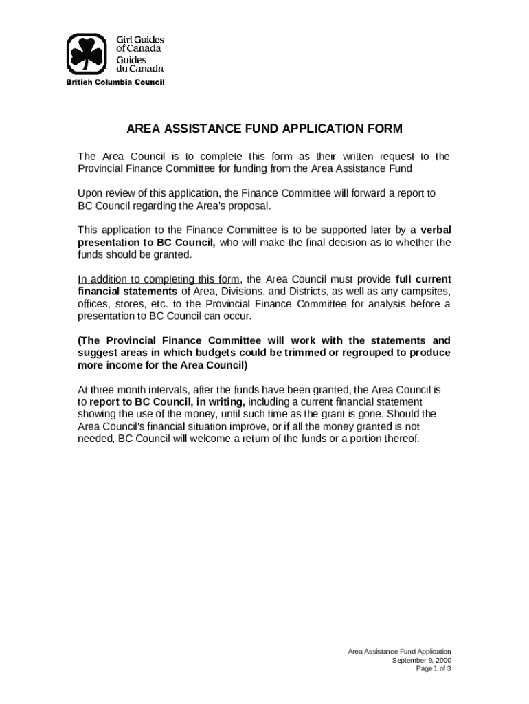 AREA ASSISTANCE FUND APPLICATION Doc Template | pdfFiller