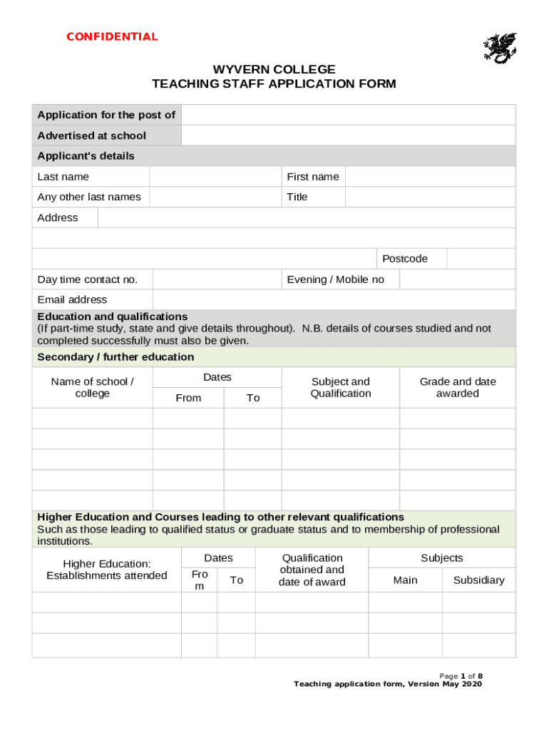 Wyvern Teaching Staff Application . ... Doc Template | pdfFiller
