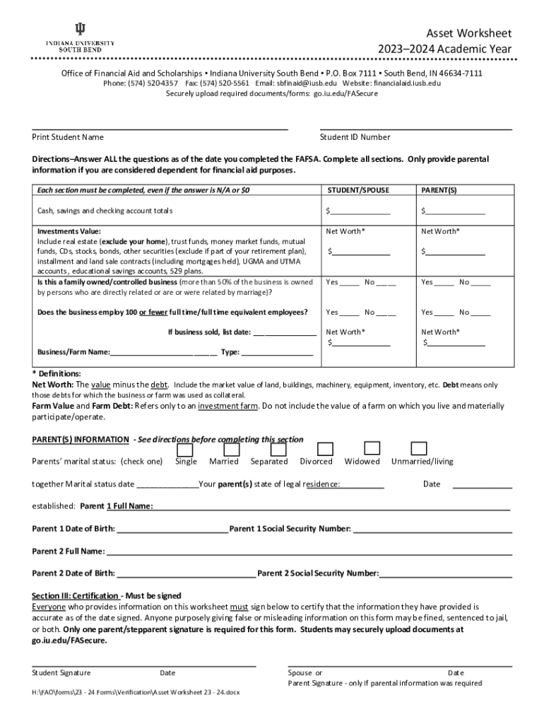 Fillable Online Asset Worksheet 20232024 Academic Year Fax Email Print ...
