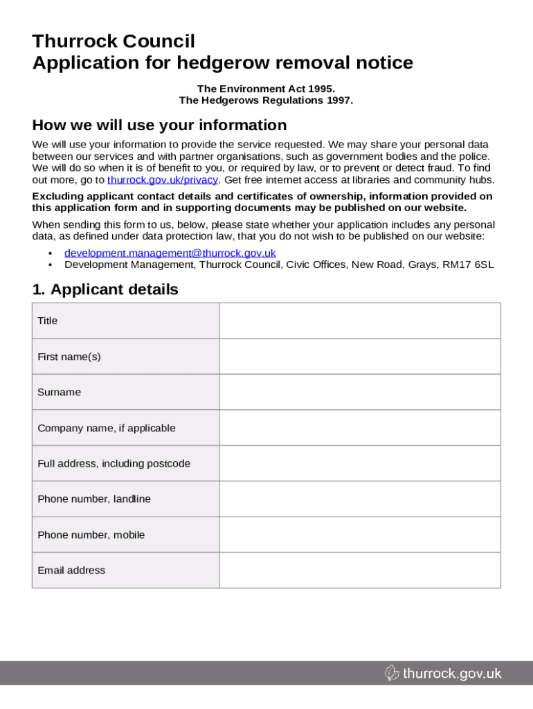Application for hedgerow removal notice. ... Doc Template | pdfFiller