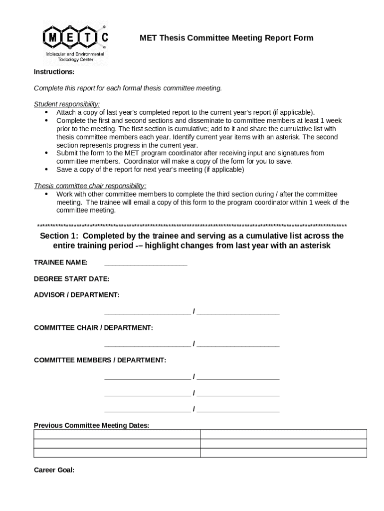 MET Thesis Committee Meeting Report - metc wisc Doc Template | pdfFiller