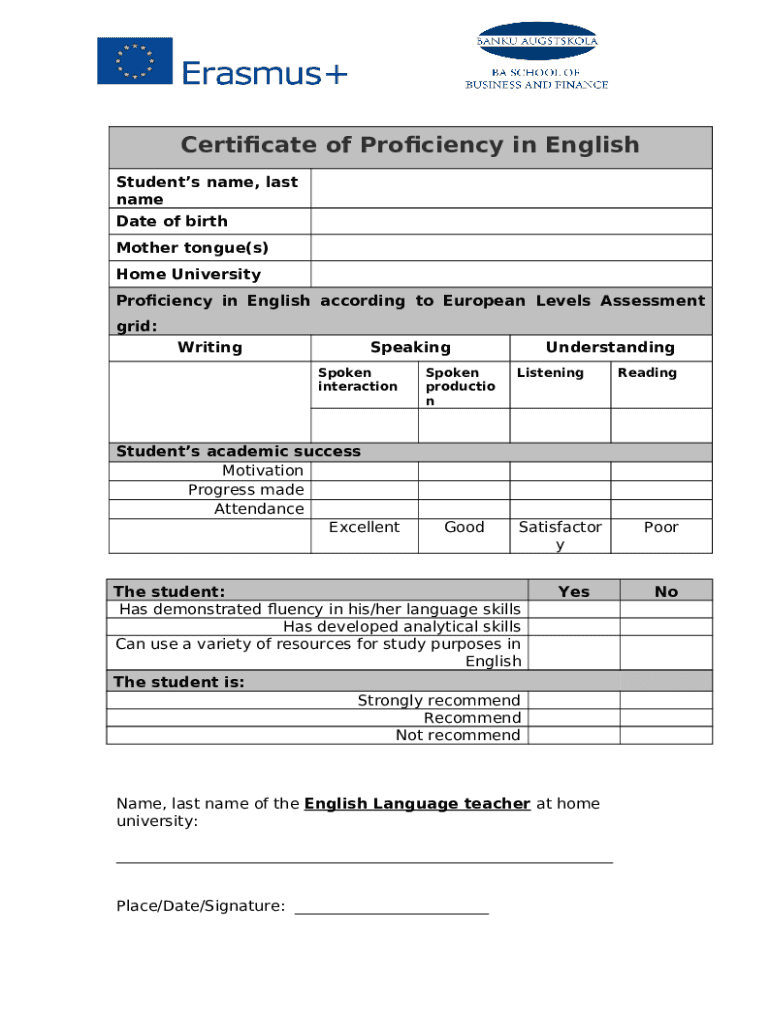 English Proficiency Certificate Doc Template | pdfFiller