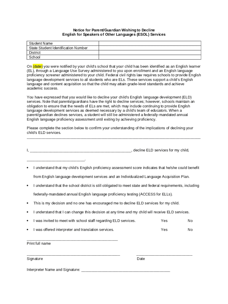 Sample Parent/Guardian to Decline ESOL Services Doc Template | pdfFiller