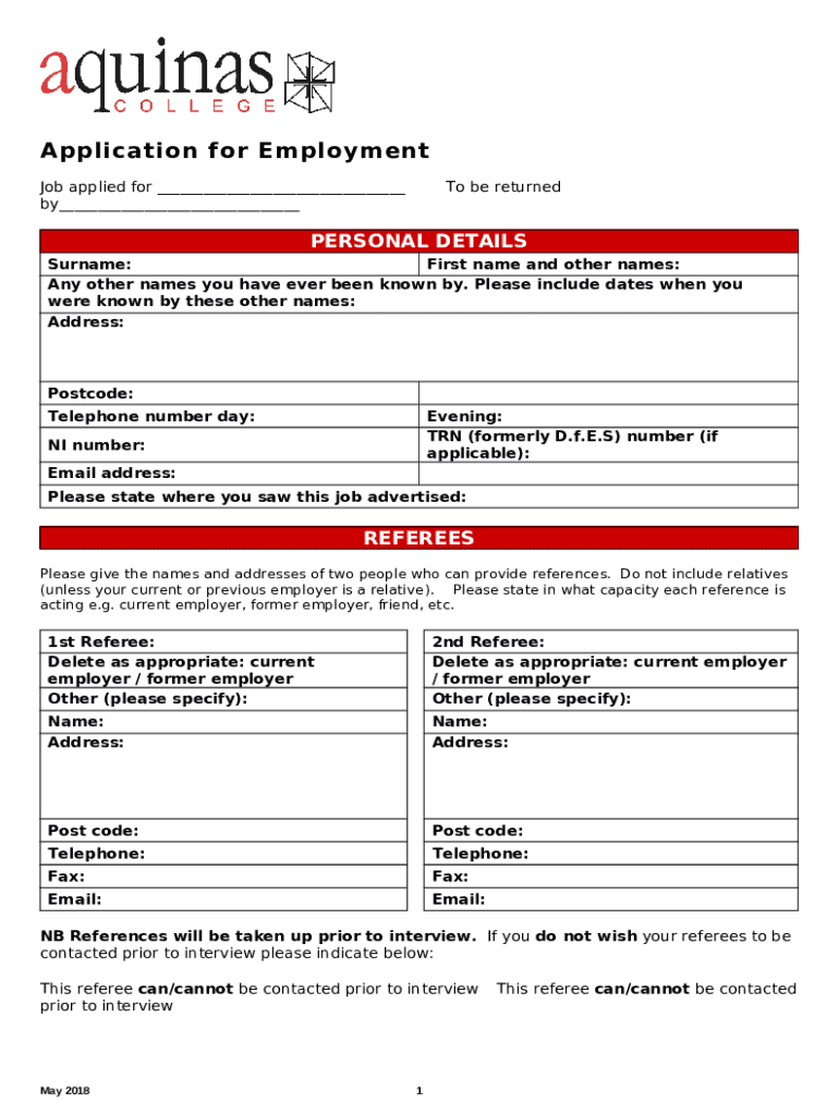 Application for Employment - Aquinas College Doc Template | pdfFiller