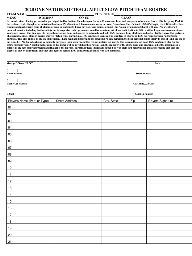 Fillable Online GLOBAL SPORTS AUTHORITY ADULT SLOW PITCH TEAM ROSTER ...