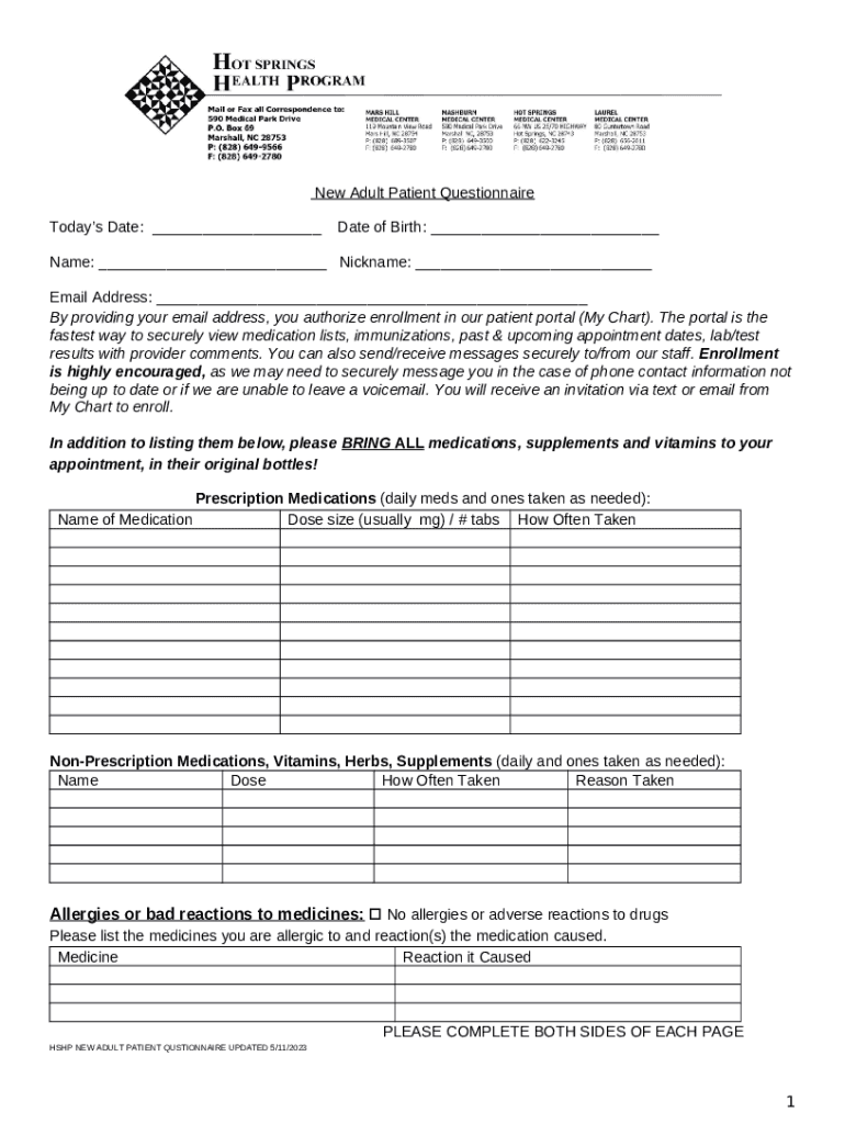 New Adult Patient Questionnaire Revised For Epic 51123 Doc Template ...