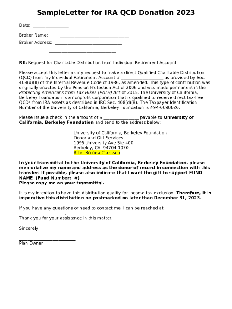 Sample Letter for IRA Donation 2020 Doc Template | pdfFiller