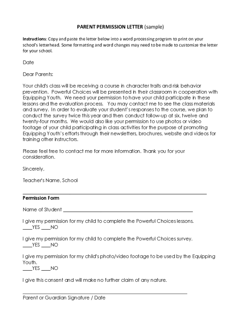 Fillable Online PARENT PERMISSION LETTER (sample) Fax Email Print ...