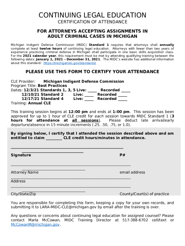 MIDC CLE CERTIFICATION Doc Template | pdfFiller