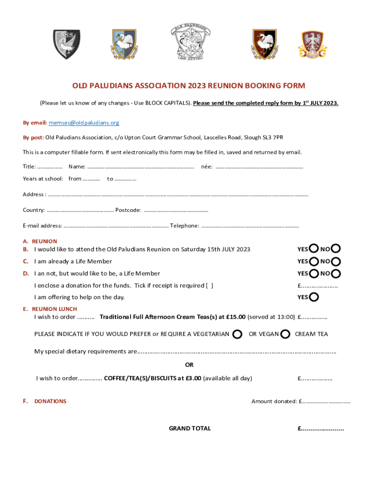 Fillable Online Old Paludians AssociationFor former students and staff Fax Email Print - pdfFiller