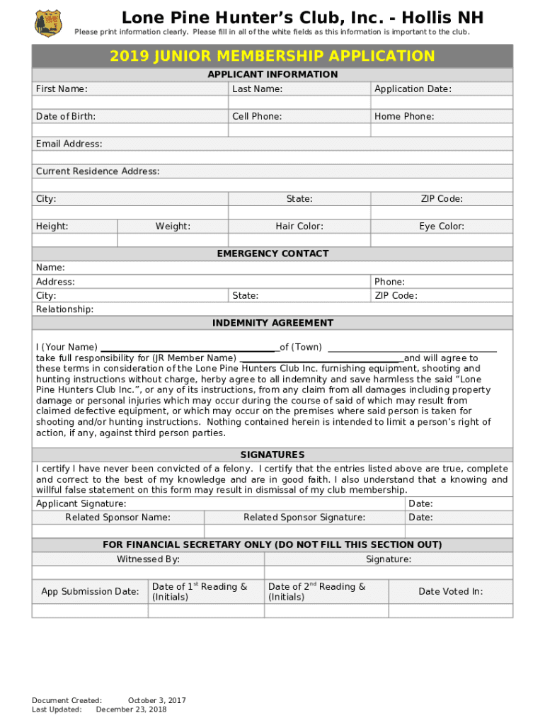 Membership application - Lone Pine Hunter's Club Doc Template | pdfFiller