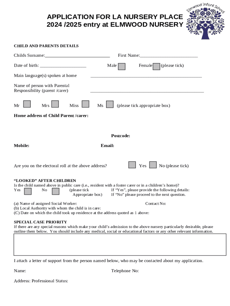 APPLICATION FOR LA NURSERY PLACE Doc Template | pdfFiller