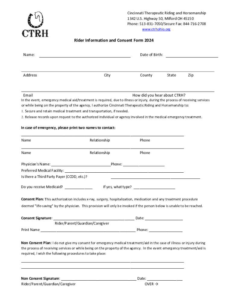 Fillable Online Rider Info & Consent Form 2019 Fax Email Print - pdfFiller