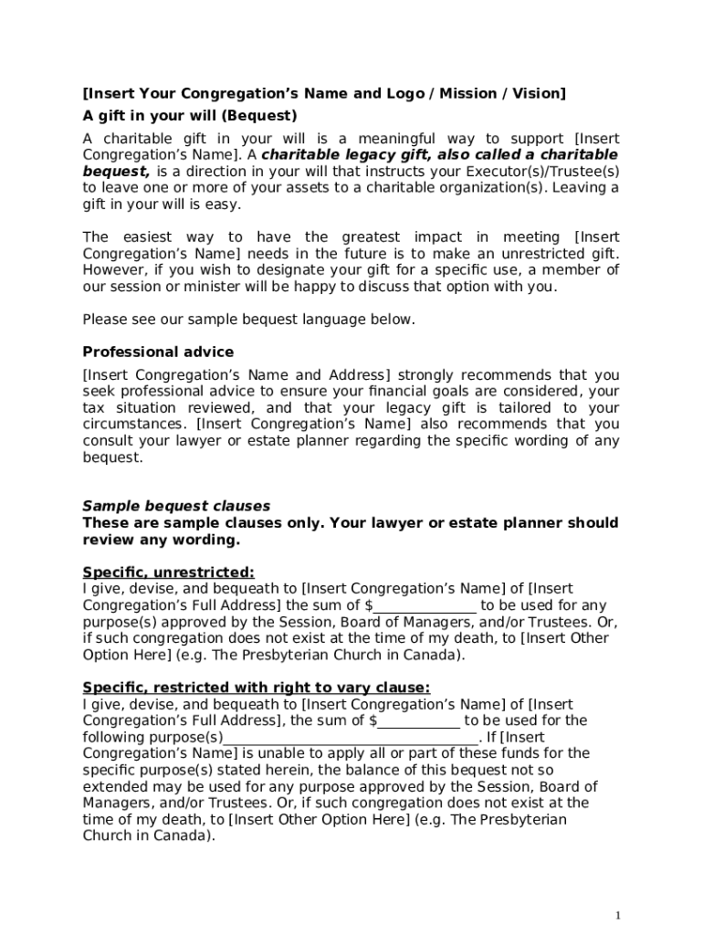 Bequest Wording Template for Congregations Doc Template | pdfFiller