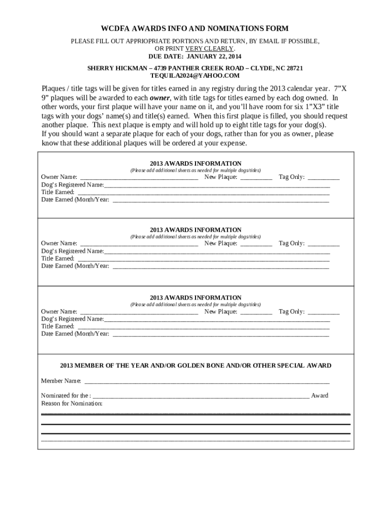 WCDFA AWARDS INFO AND NOMINATIONS Doc Template | pdfFiller