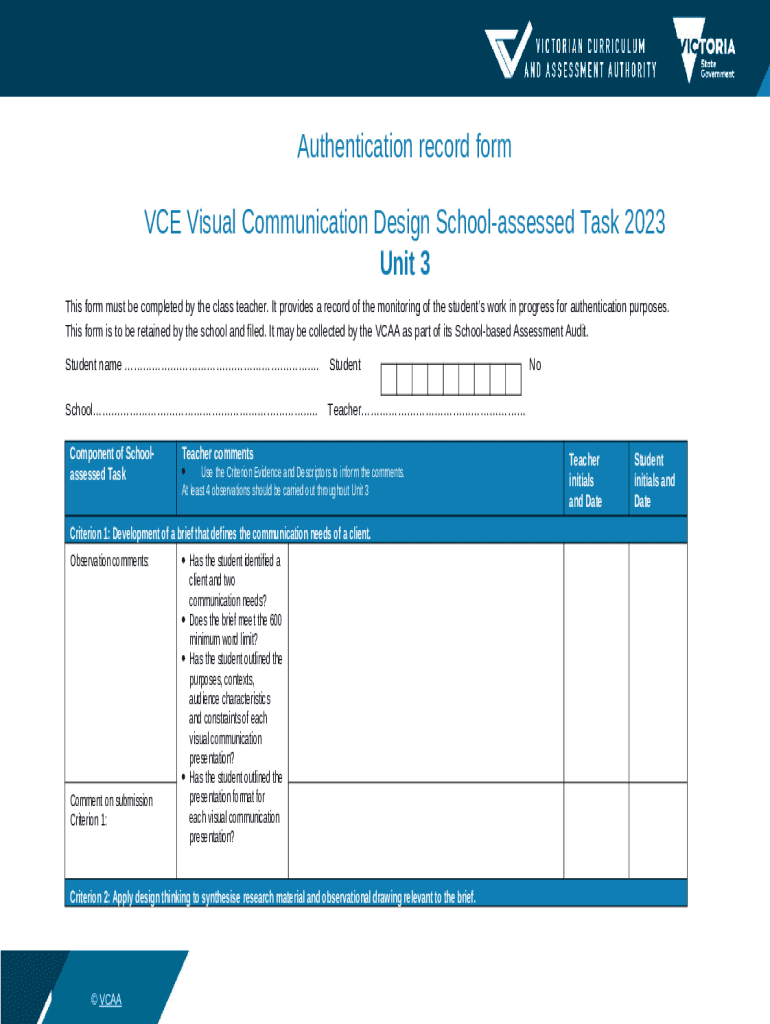 VCE Visual Communication Design Authentication record 2023. VCE Visual ...