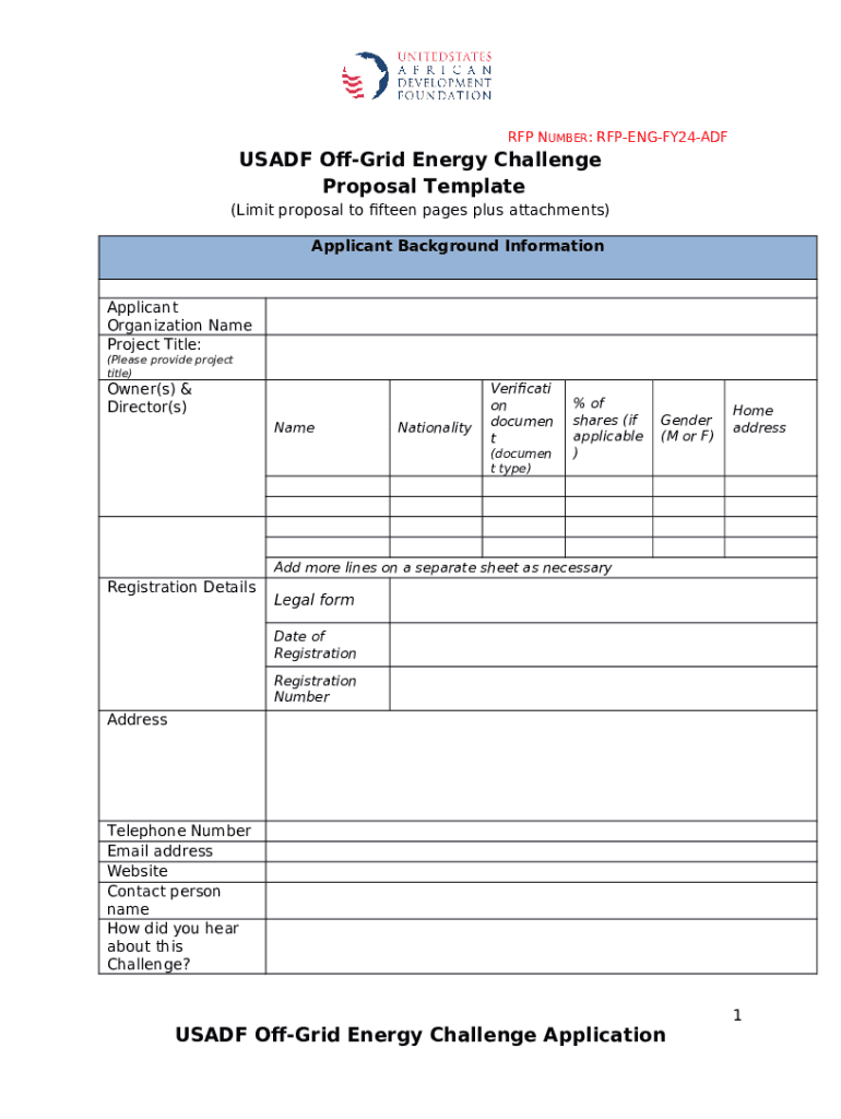 USADF Off-Grid Energy Challenge Proposal Template Doc Template | pdfFiller