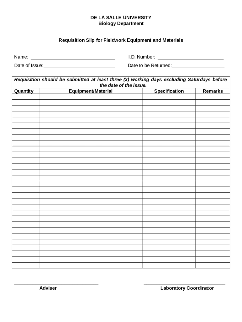 Requisition Slip for Fieldwork Equipment and Materials Doc Template ...