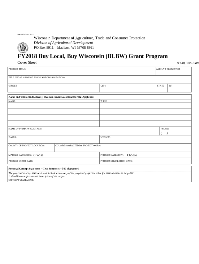 BLBW Cover Sheet FY2018 - datcp wi Doc Template | pdfFiller