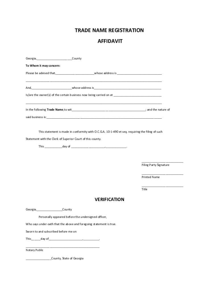 Fillable Online Trade Name Registration Affidavit Georgia, County Fax ...