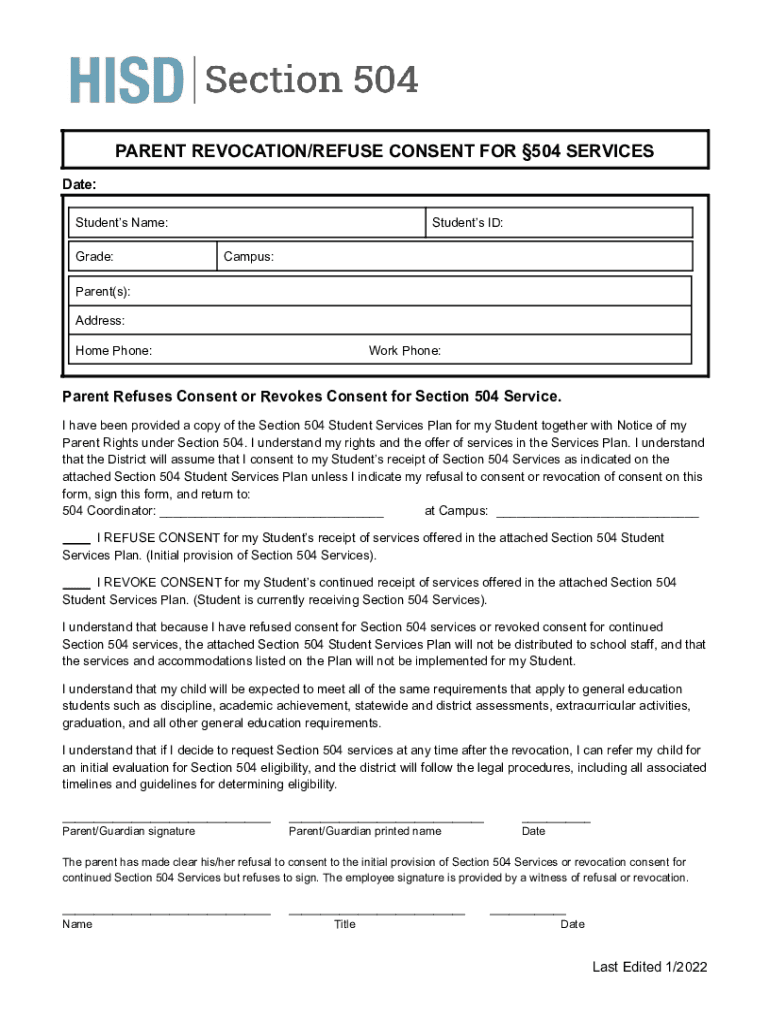 Fillable Online parent revocation/refuse consent for 504 services Fax Email Print - pdfFiller
