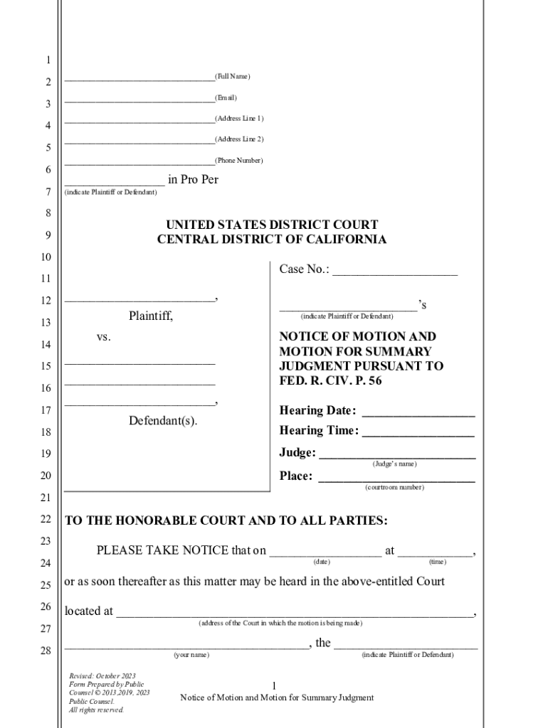 Fillable Online Defendant's Motion for Summary Judgment and Related ...
