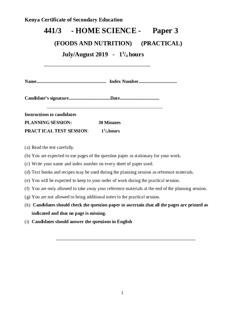 441/3 HOME SCIENCE FOODS AND NUTRITION PAPER... Doc Template | pdfFiller