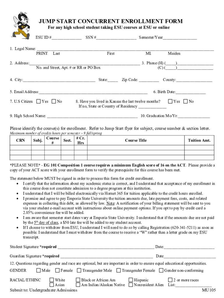 Fillable Online Jump Start Concurrent/Dual Credit Enrollment Admissions ... Fax Email Print ...