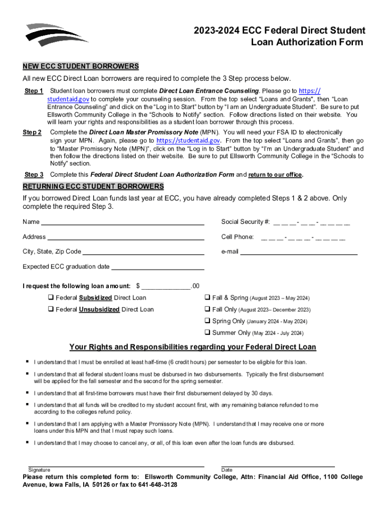 Fillable Online forms iavalley 2023-2024 ECC Federal Direct Student ...