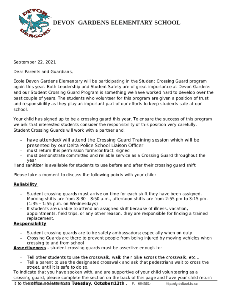 crossing guard permission slip - dg deltasd bc Doc Template | pdfFiller