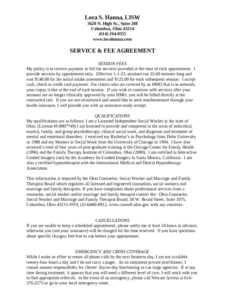 Service and Fee Agreement - Lora Hanna Doc Template | pdfFiller