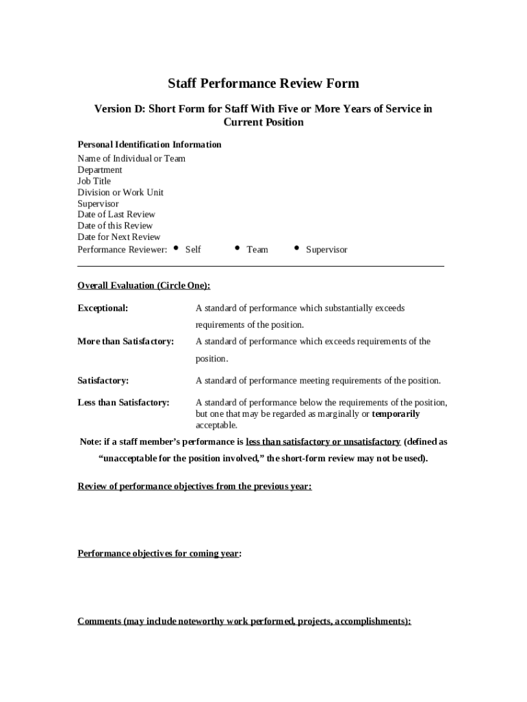 Perance Review Short Doc Template | pdfFiller