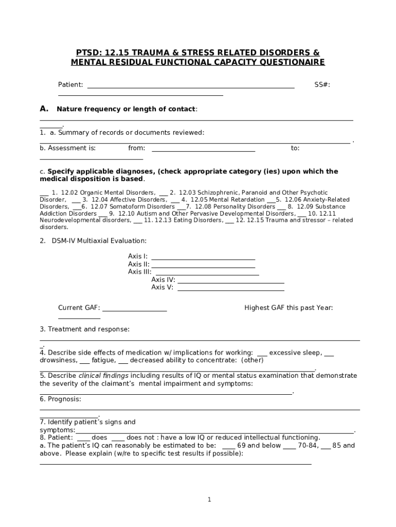 The New PTSD Residual Functional Capacity Questionnaire Doc Template ...