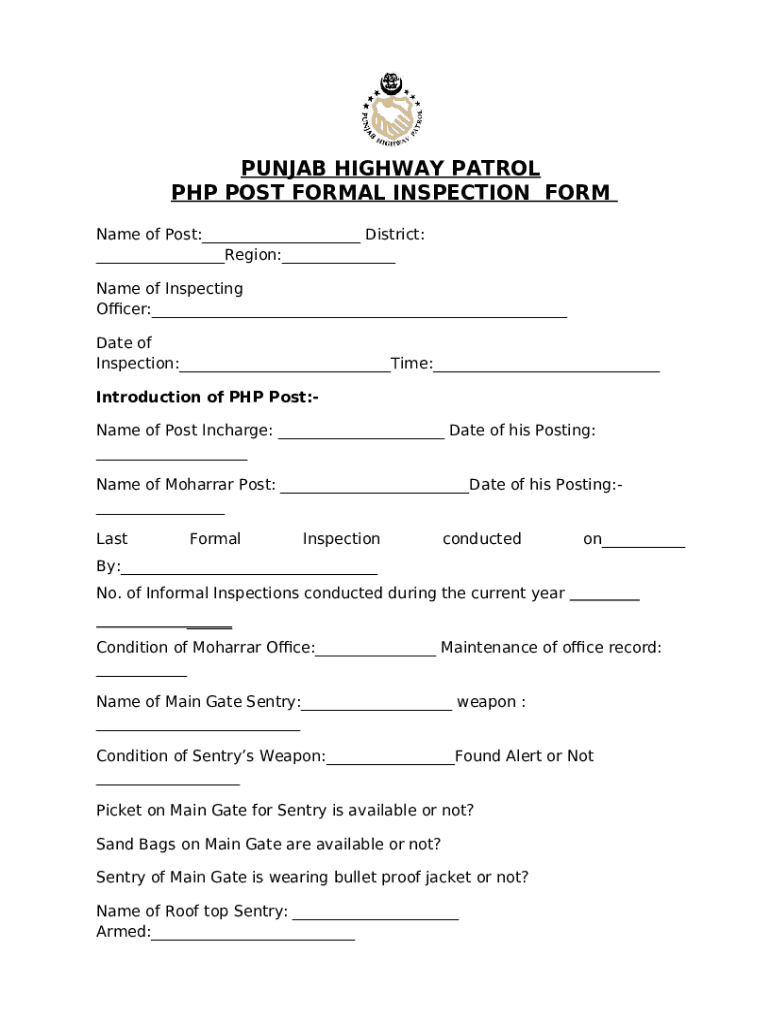 punjab highway patrol php post al inspection Doc Template | pdfFiller