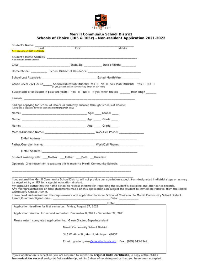 Schools of Choice (105 & 105c) - Non-resident Application 2021-2022 Doc ...