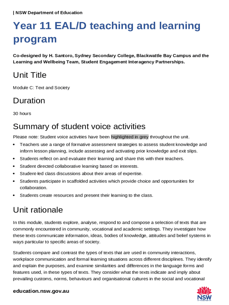 Year 11 EALD Unit planModule C, Texts and Society Doc Template | pdfFiller
