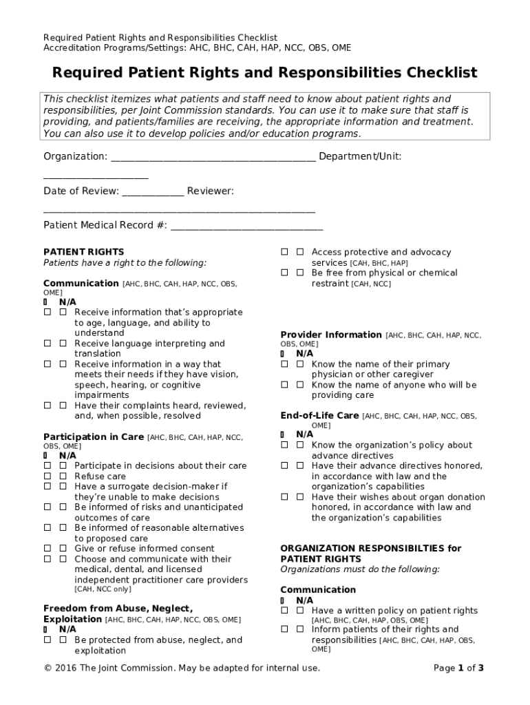 Required Patient Rights and Responsibilities Checklist Doc Template ...