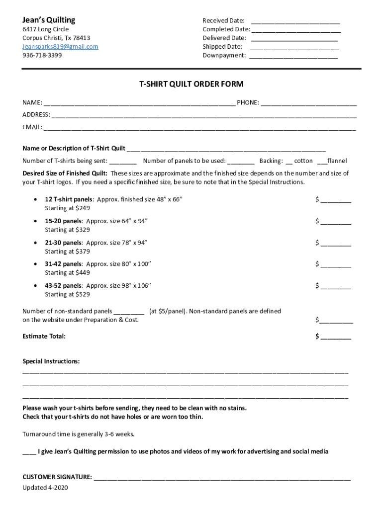 Fillable Online Jean's Quilting T-SHIRT QUILT ORDER FORM Fax Email ...