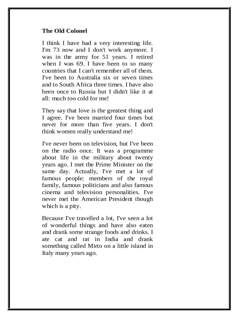Pre-Intermediate Grammar ExerciseThe Old Colonel Doc Template | pdfFiller