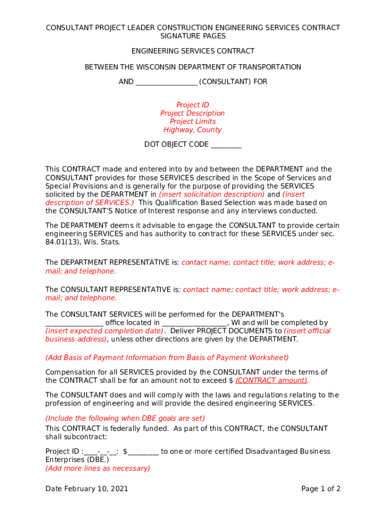 WisDOT construction engineering services contract signature pages. WisDOT construction ...