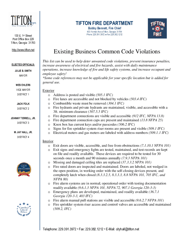 Fillable Online Existing Business Common Code Violations Fax Email ...
