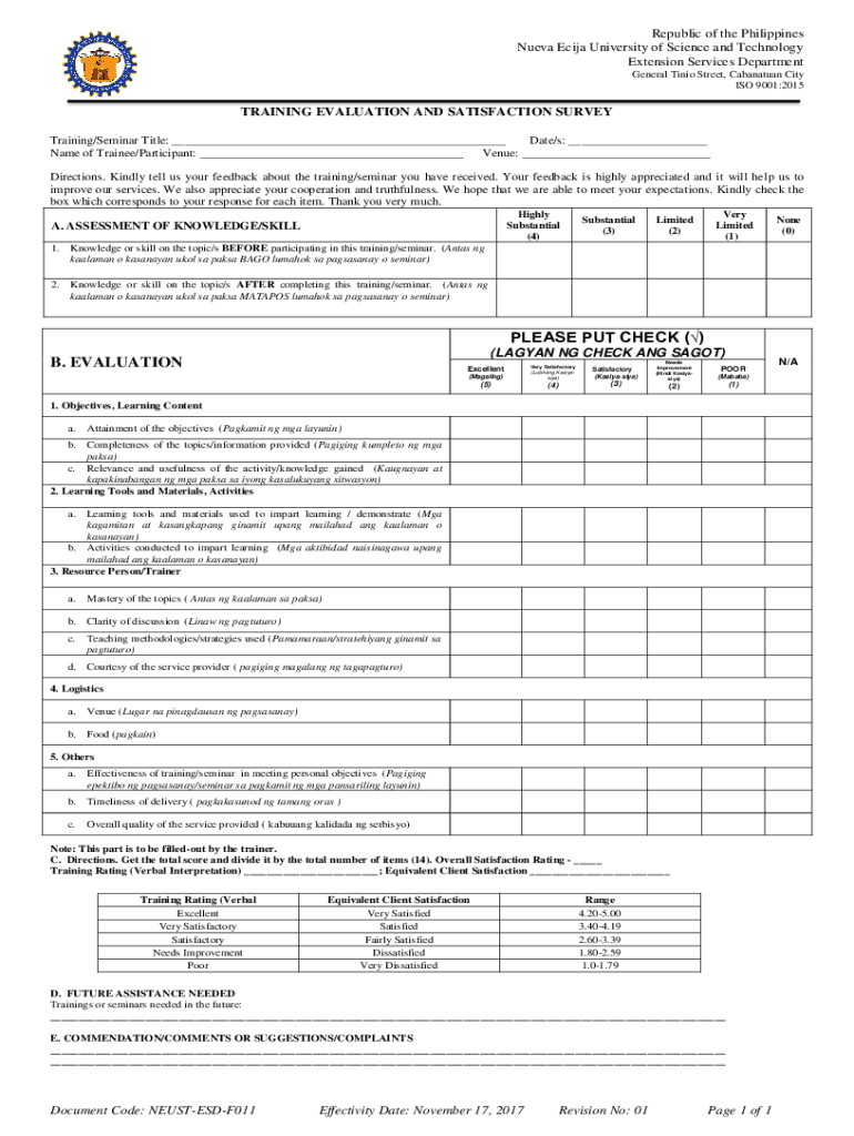Fillable Online neust edu ESD-F011-Training-Evaluation-Questionnaire-Filipino.pdf Fax Email ...