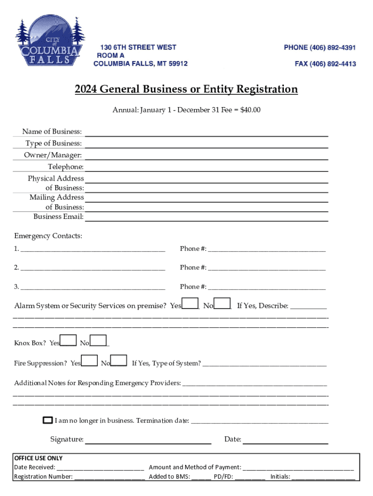 Fillable Online General Business or Entity Registration Form Template ...
