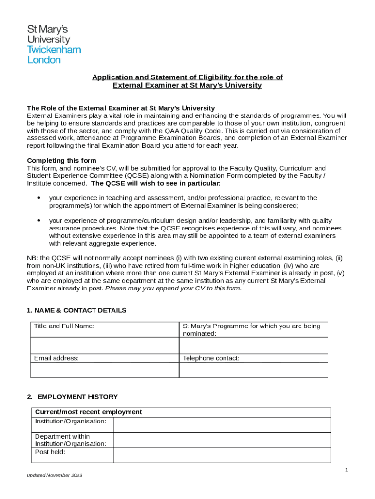 St Mary's External Examiner Application and Eligibility . External ...