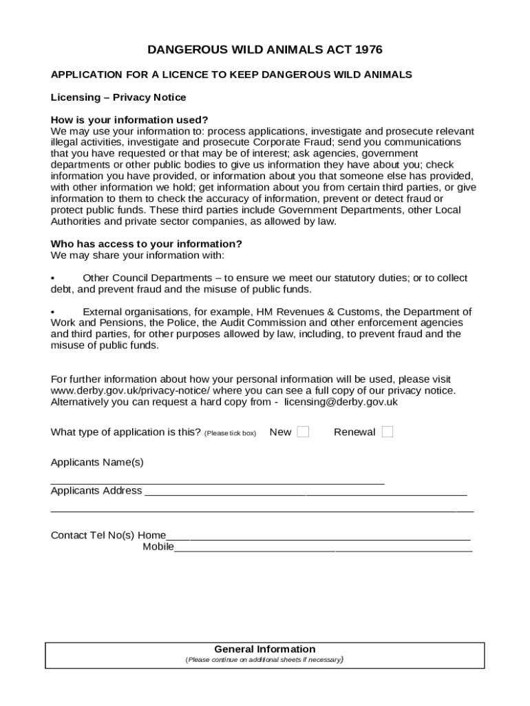 Dangerous wild animals licence application privacy notice Doc Template | pdfFiller