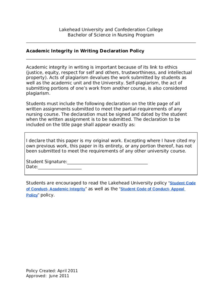 Academic Integrity in Writing Declaration Policy Doc Template | pdfFiller