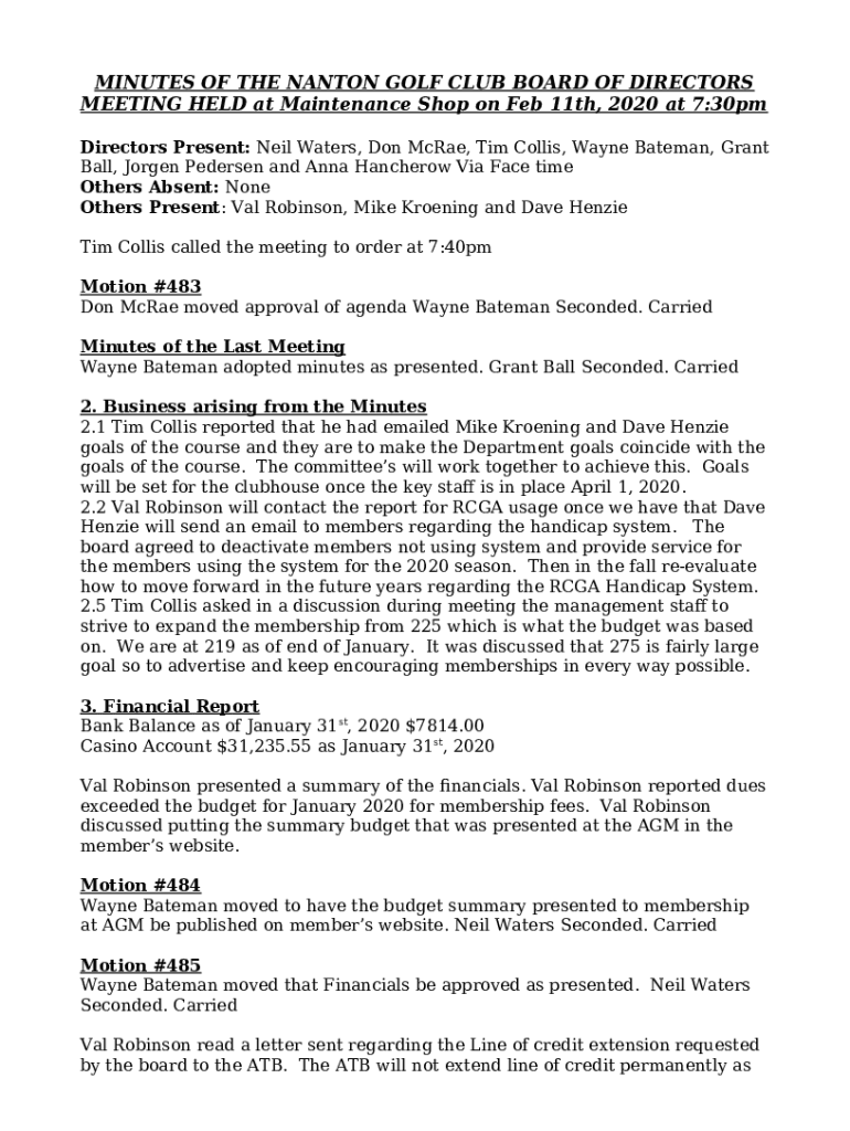 Directors Present: Neil Waters, Don McRae, Tim Collis, Wayne Bateman ...