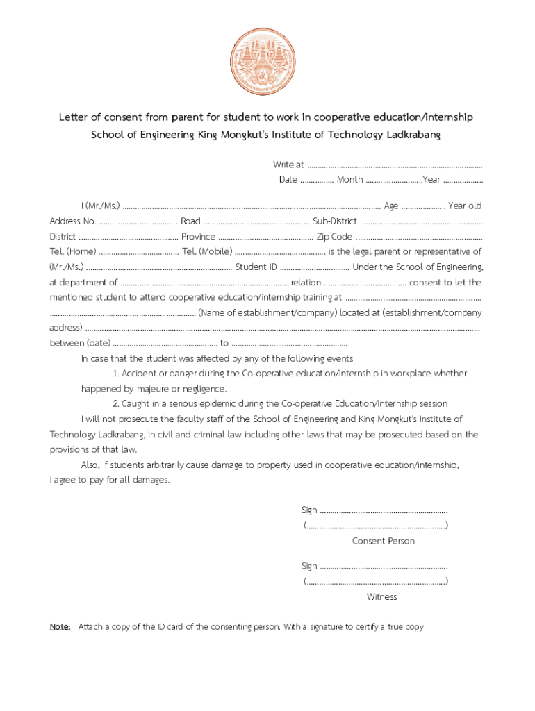 Fillable Online Letter of consent from parent for student to work in ...