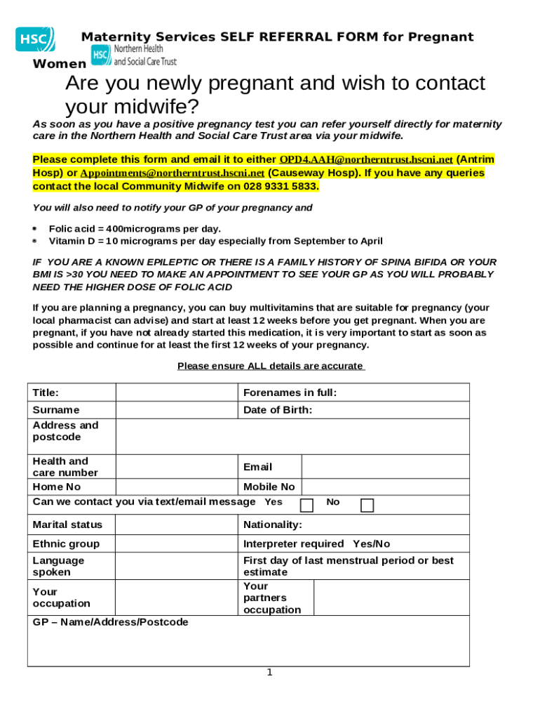 Self-Referral for Maternity Care in Antrim Area Hospital Doc Template | pdfFiller