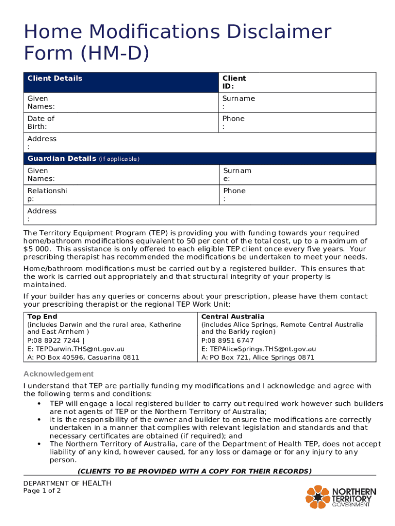 Home Modifications Disclaimer(HM-D) TEP Doc Template | pdfFiller